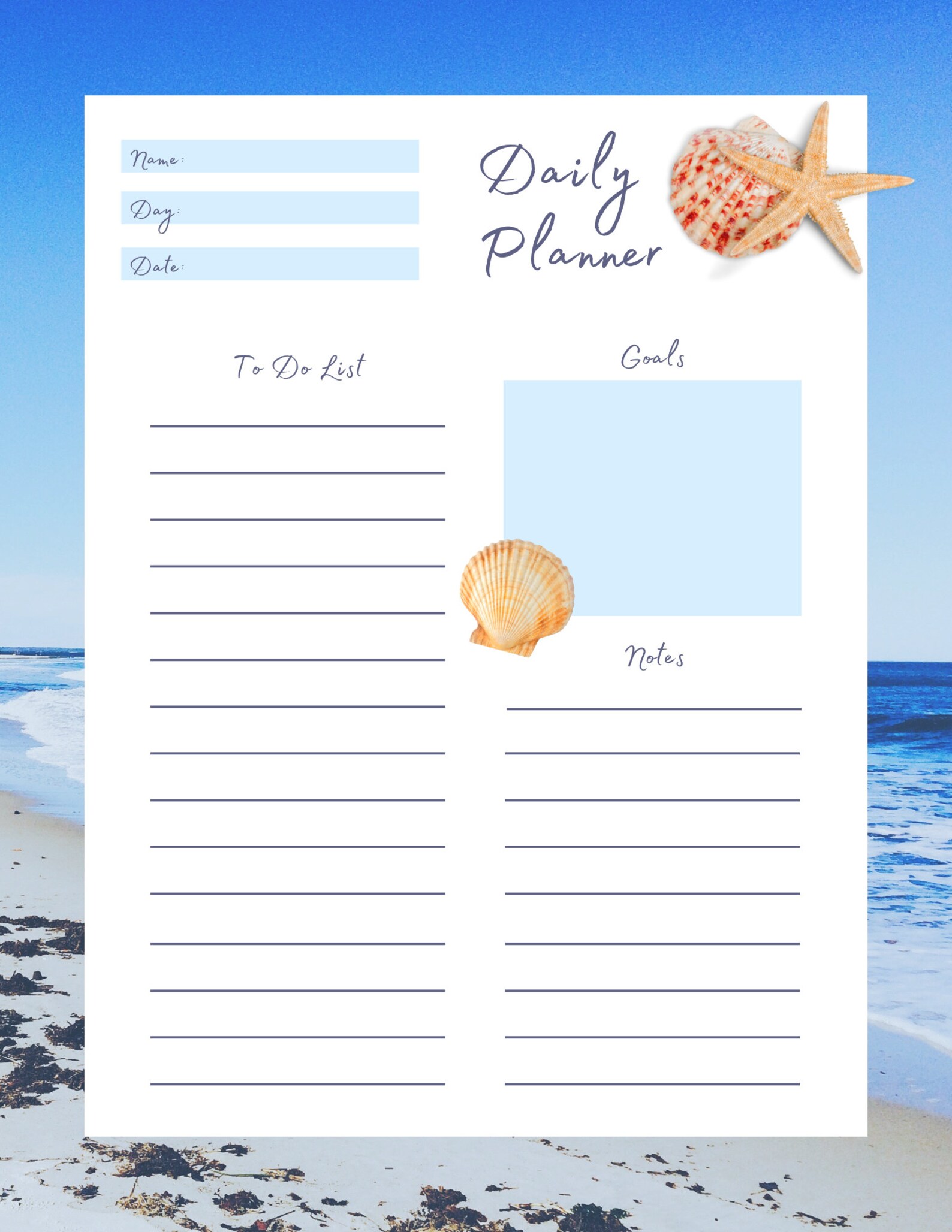Beach Planner, Beach Themed, Seashells, Digital Download, Daily Planner ...