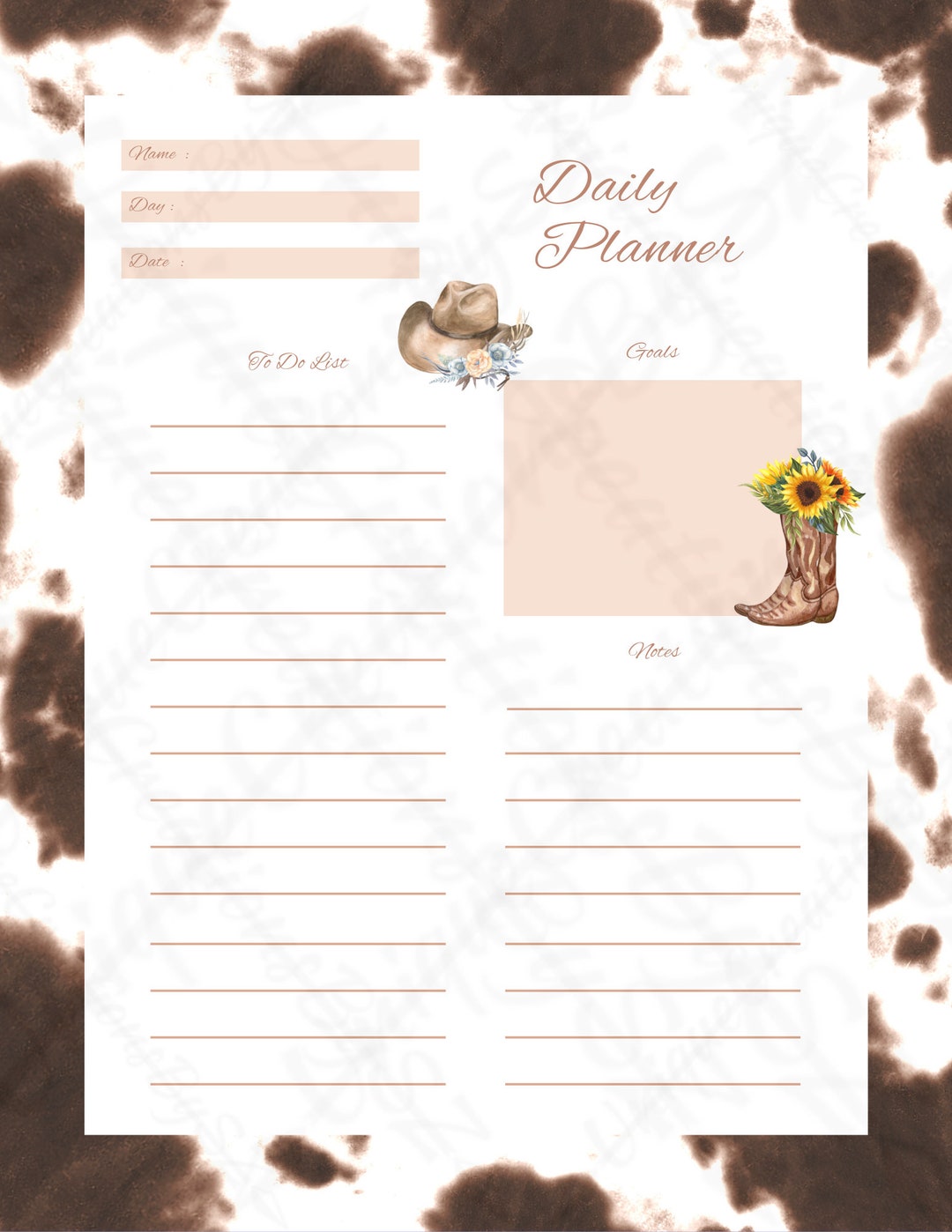Cow Print, Daily Planner, Digital Download, To-do List, Goals List ...