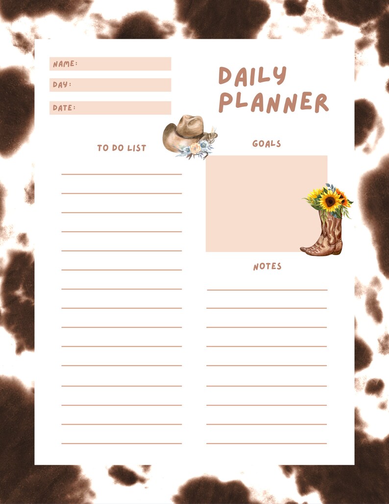 Cow Print Daily Planner Digital Download To-do List Goals - Etsy