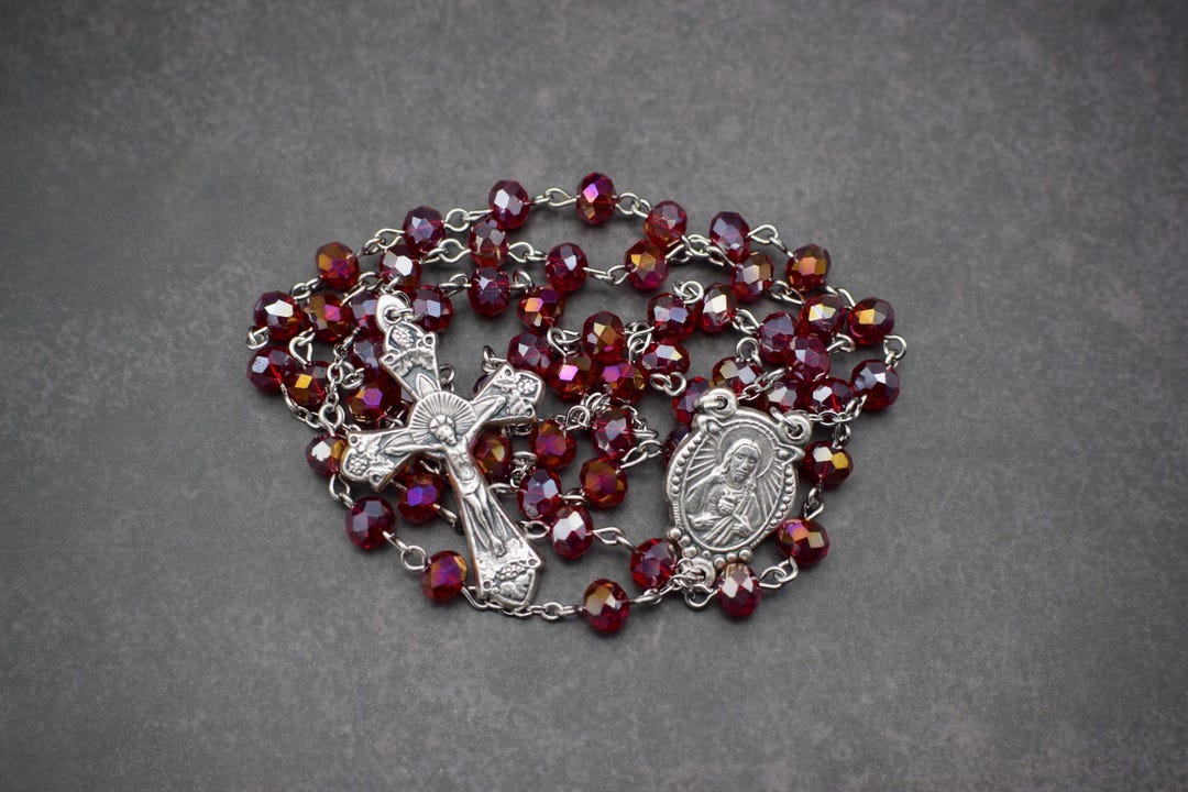 Sacred Heart of Jesus Ruby Red Electroplated Glass Catholic Rosary ...
