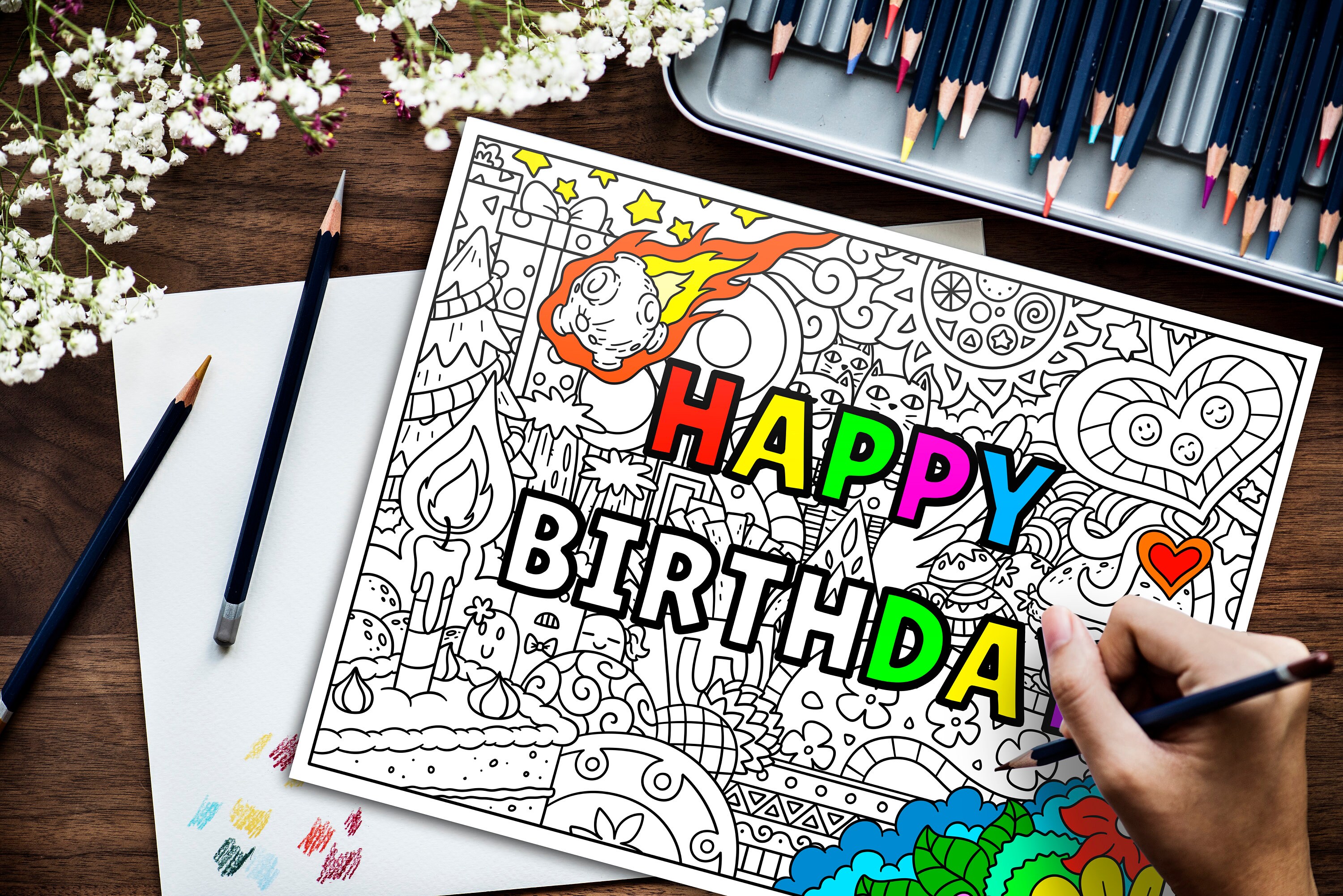 Happy Birthday Doodles Coloring Page 8.5x11 | Etsy