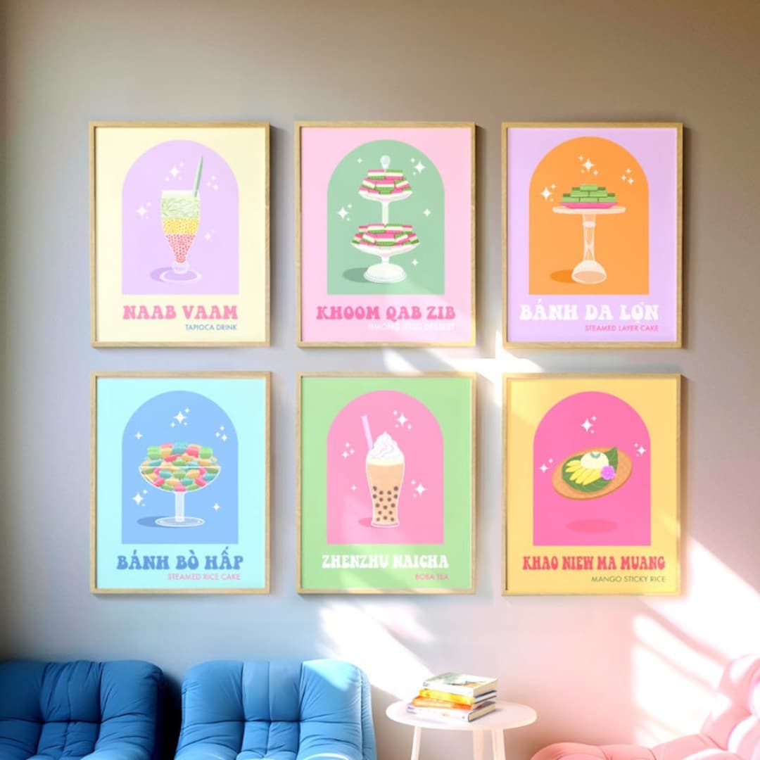 Asian Dessert Snack Wall Art Decor | Pastel Vintage Art | Set of 6 Wall ...