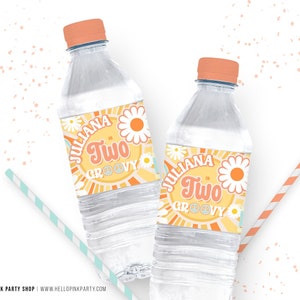 Editable Two Groovy Birthday Gift Bag Label Daisy Hippie Boho Retro ...