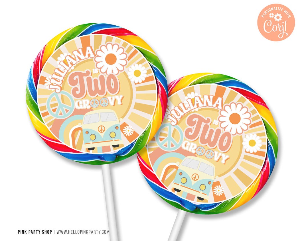 Editable Two Groovy Birthday Lollipop Label Daisy Hippie Boho Retro ...