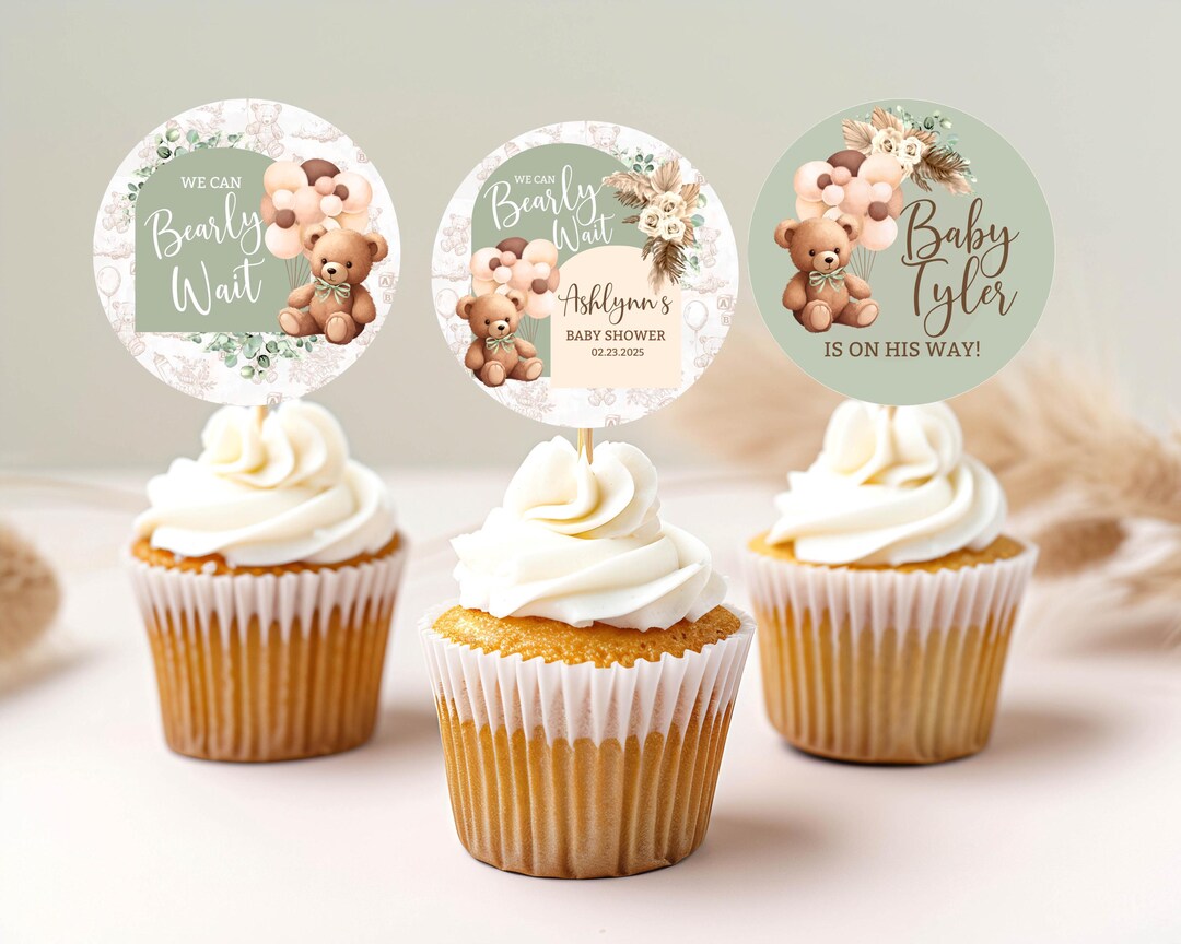 Bear Cupcake Toppers Editable Template Baby Shower Sage Gender Neutral ...