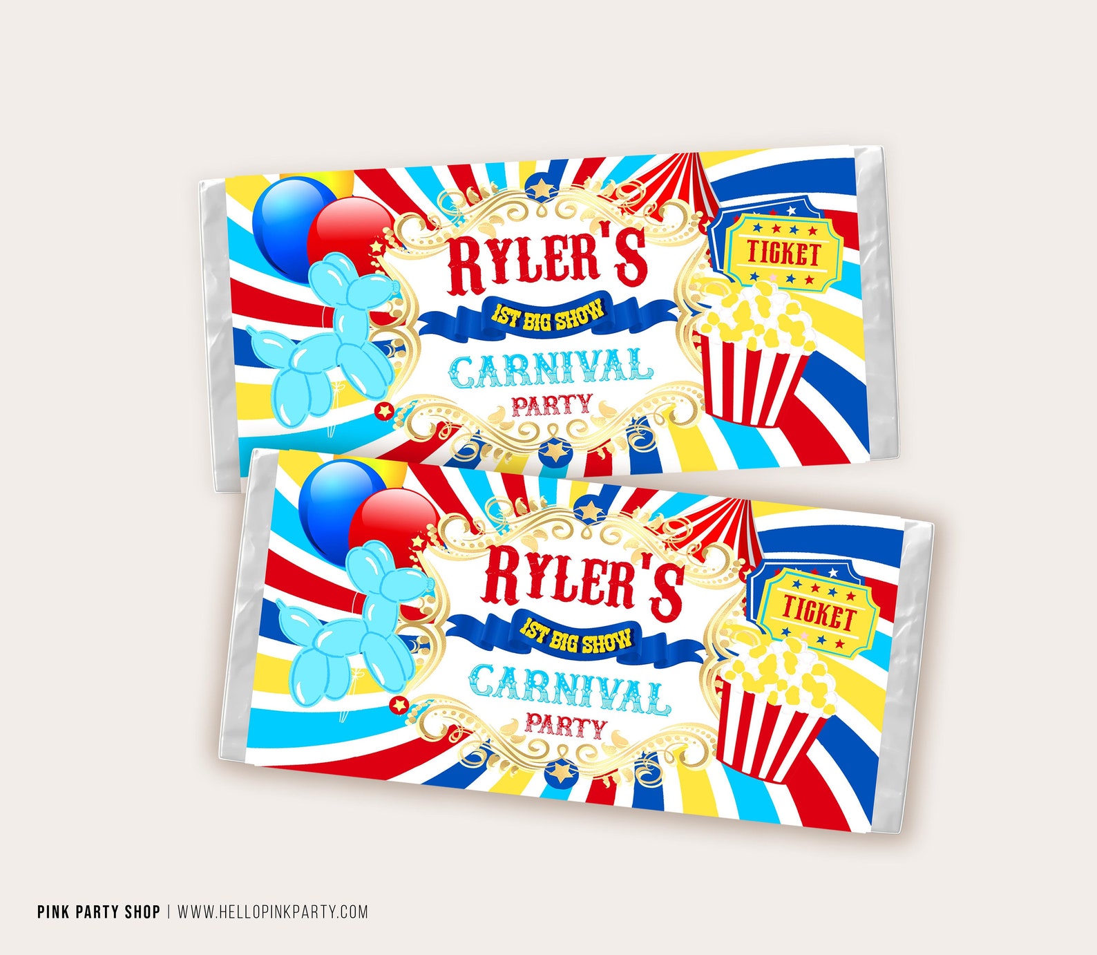 Carnival Birthday Party Favors Bundle: Editable Circus Labels Wrappers ...