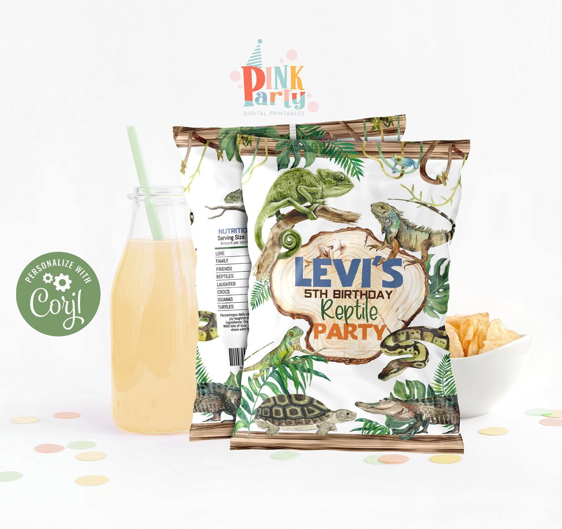 Reptile Birthday Chip Bag Template: Editable Party Favor (digital ...