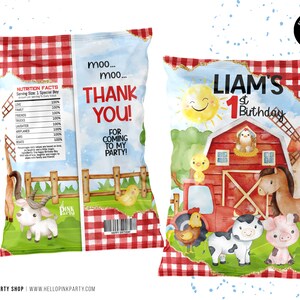 Farm Animals Birthday Party Chip Bag, Template Printable, 1st Birthday ...