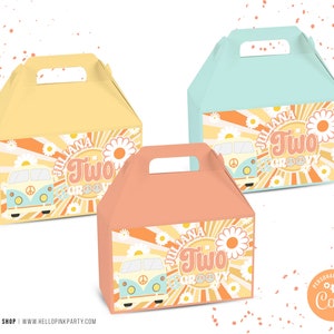 Editable Two Groovy Birthday Gift Bag Label Daisy Hippie Boho Retro ...