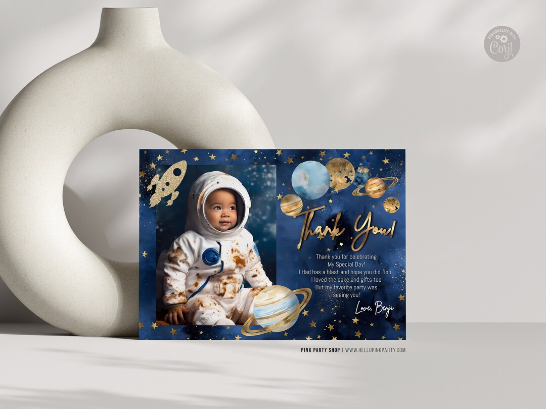 Editable Space Birthday Thank You Card Space Outer Space Planets Galaxy ...