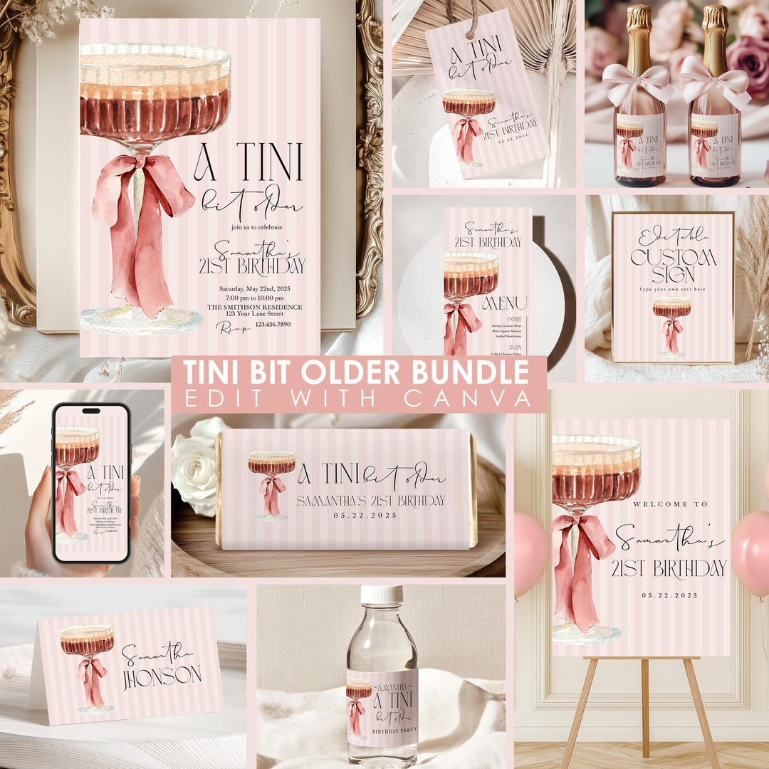 A Tini Bit Older Birthday Party Bundle Editable Martini Women’s Birthday Digital Bundle Pink Bow ...