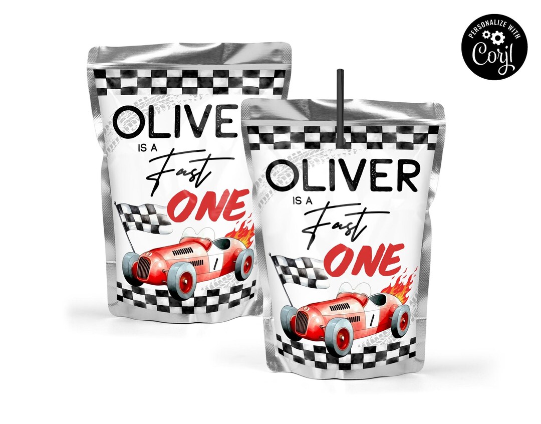 Editable Race Car Juice Pouch Label Boy Racing Party Favor Fast One ...