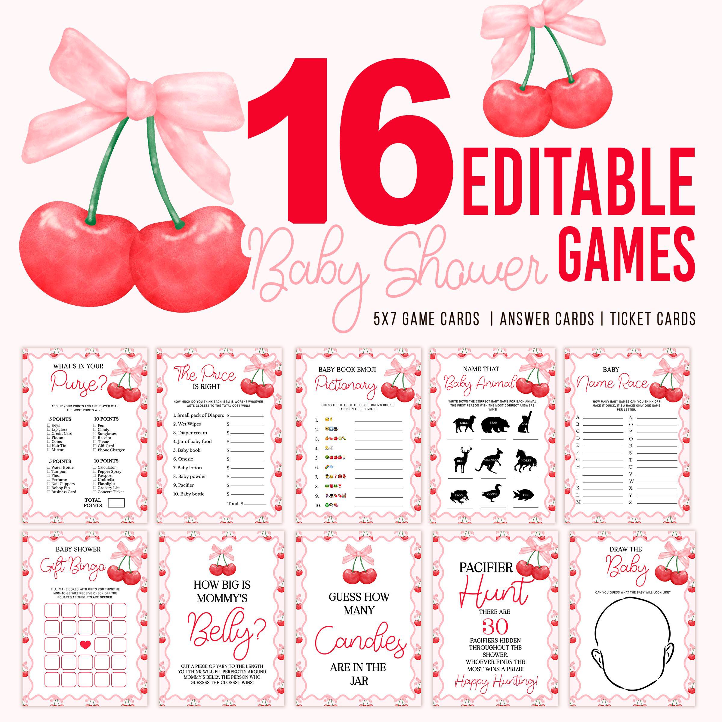 Cherry Baby Shower Due Date Calendar: Pink Bow Guess Game Printable ...