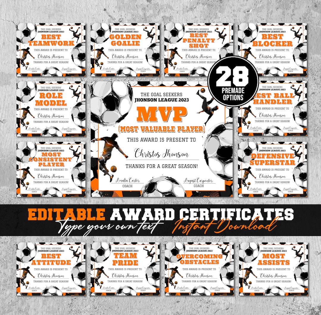 Editable Soccer Award Certificate End of Season Soccer Award Ceremony ...