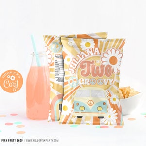 Editable Two Groovy Birthday Gift Bag Label Daisy Hippie Boho Retro ...