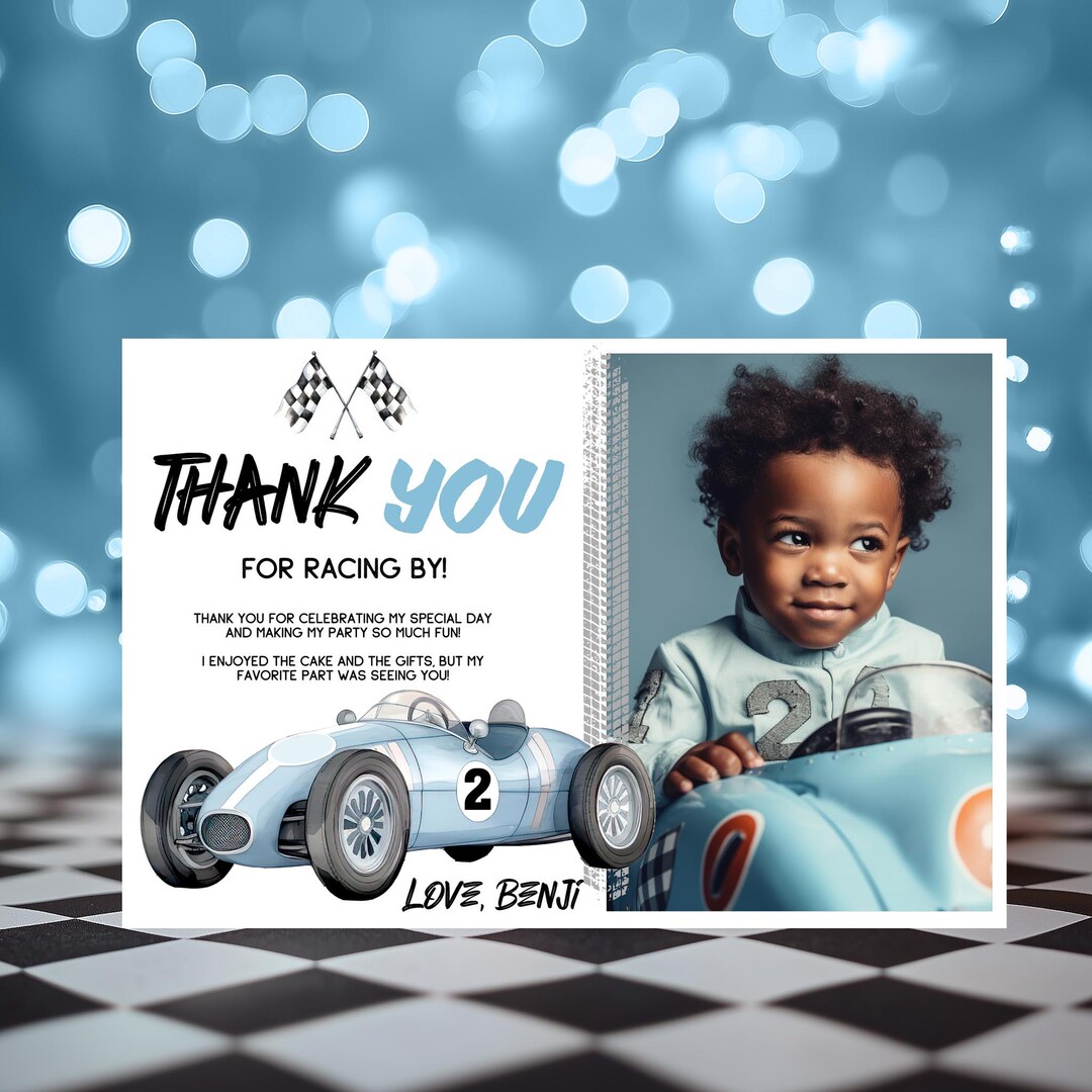 Racing Birthday Thank You Card: Blue Race Car, Editable Template ...