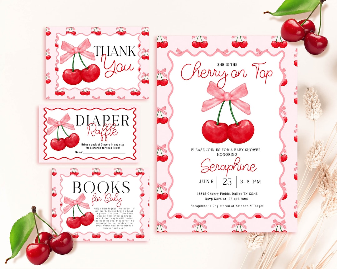Editable Cherry Baby Shower Invitation Bundle Cherry on Top Modern Baby ...