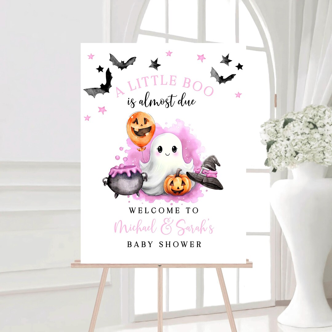 Little Boo Baby Shower Welcome Sign: Editable Halloween Pink Ghost ...