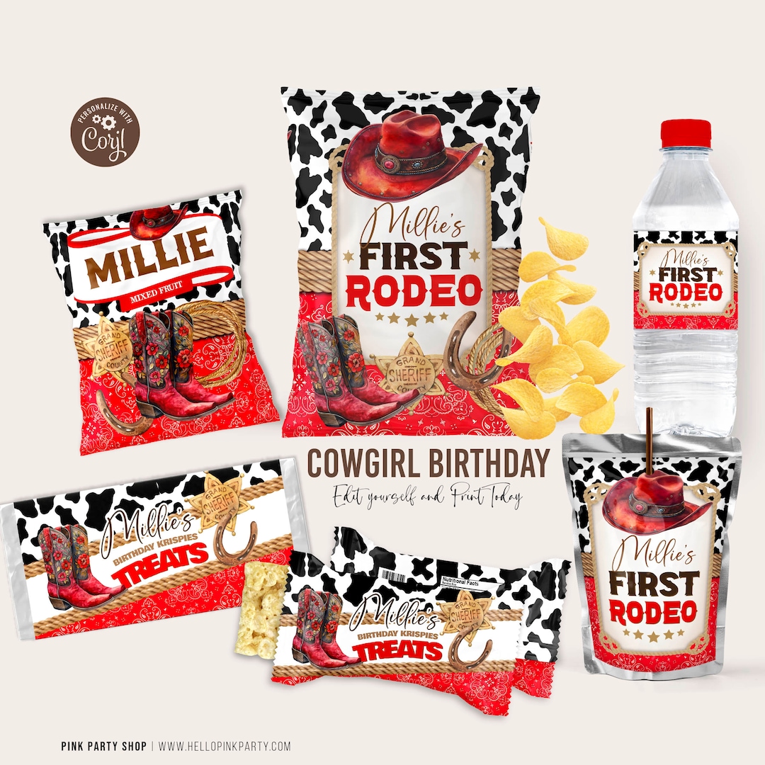 Cowgirl 1st Rodeo Birthday Party Bundle: Editable Favors Labels Western ...