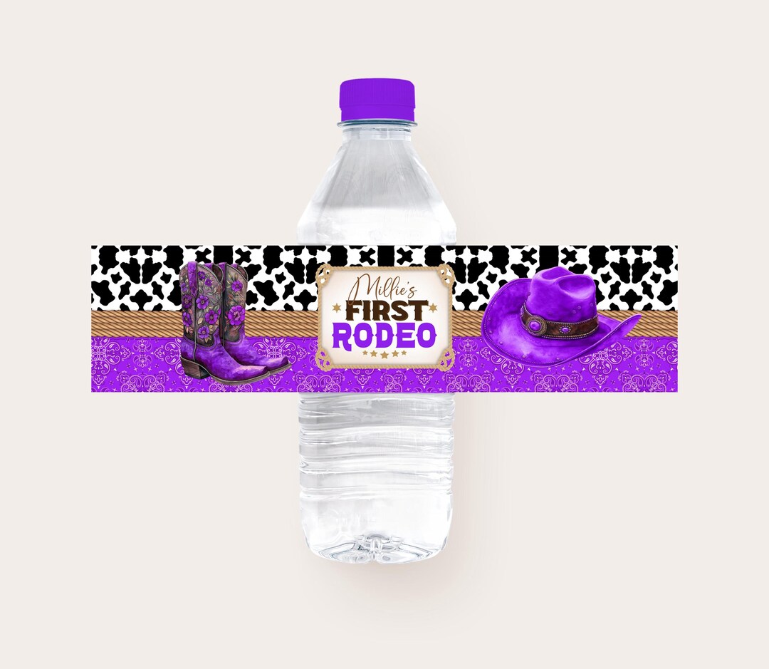Cowgirl 1st Rodeo Water Bottle Label: Purple Western Birthday (editable ...