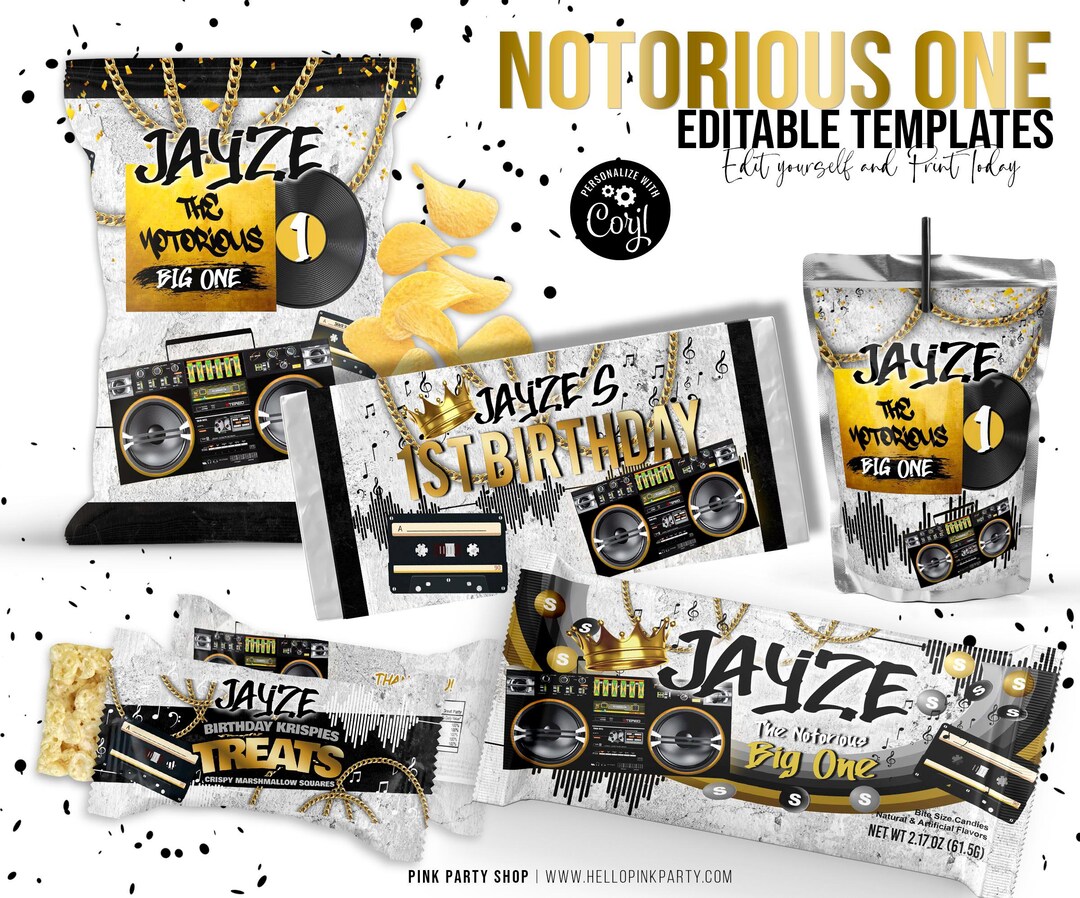 Notorious Birthday Party Bundle Kit, Template Printable, Hip Hop Birthday Chip Bag, Corjl ...