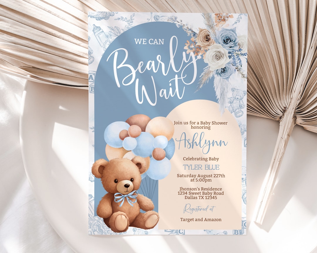 Editable We Can Bearly Wait Boy Baby Shower Invitation Balloon Bear Baby Shower Invite Boho Bear ...