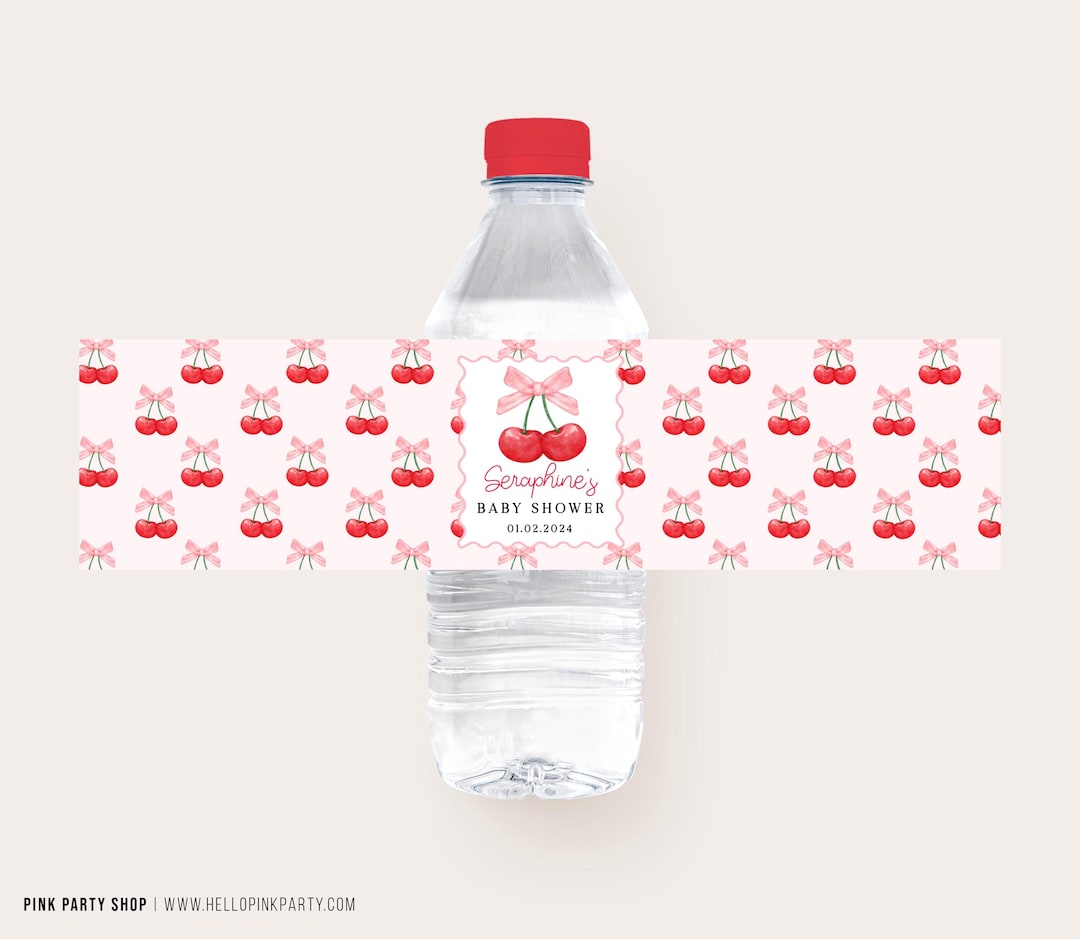 Cherry Baby Shower Water Bottle Label Template: Pink Bow Coquette ...