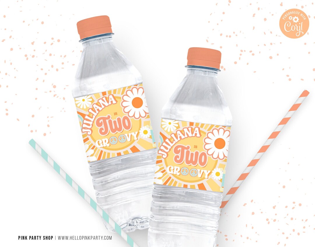 Editable Two Groovy Birthday Water Label Daisy Hippie Boho Retro Favor ...