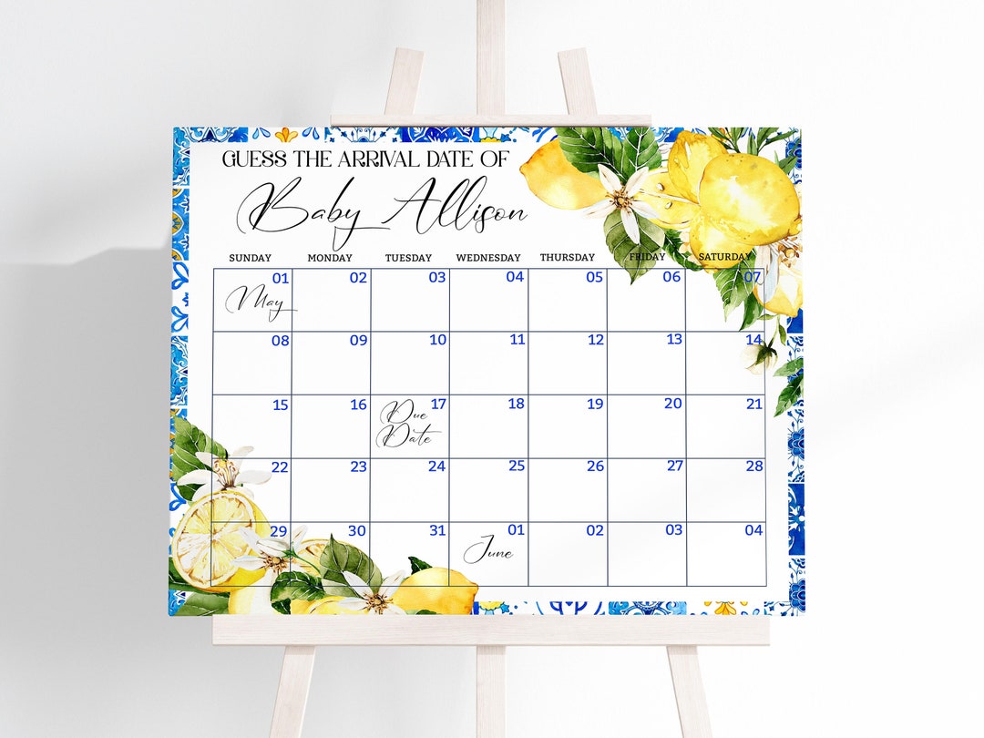 Editable Lemon Baby Shower Due Date Chart Sign Template Mediterranean ...