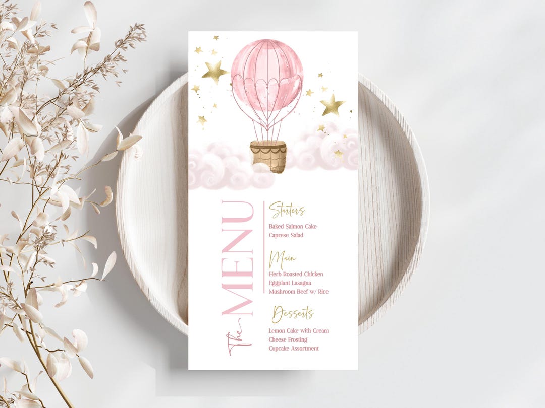Hot Air Balloon Menu Template Printable Editable up and Away Baby ...