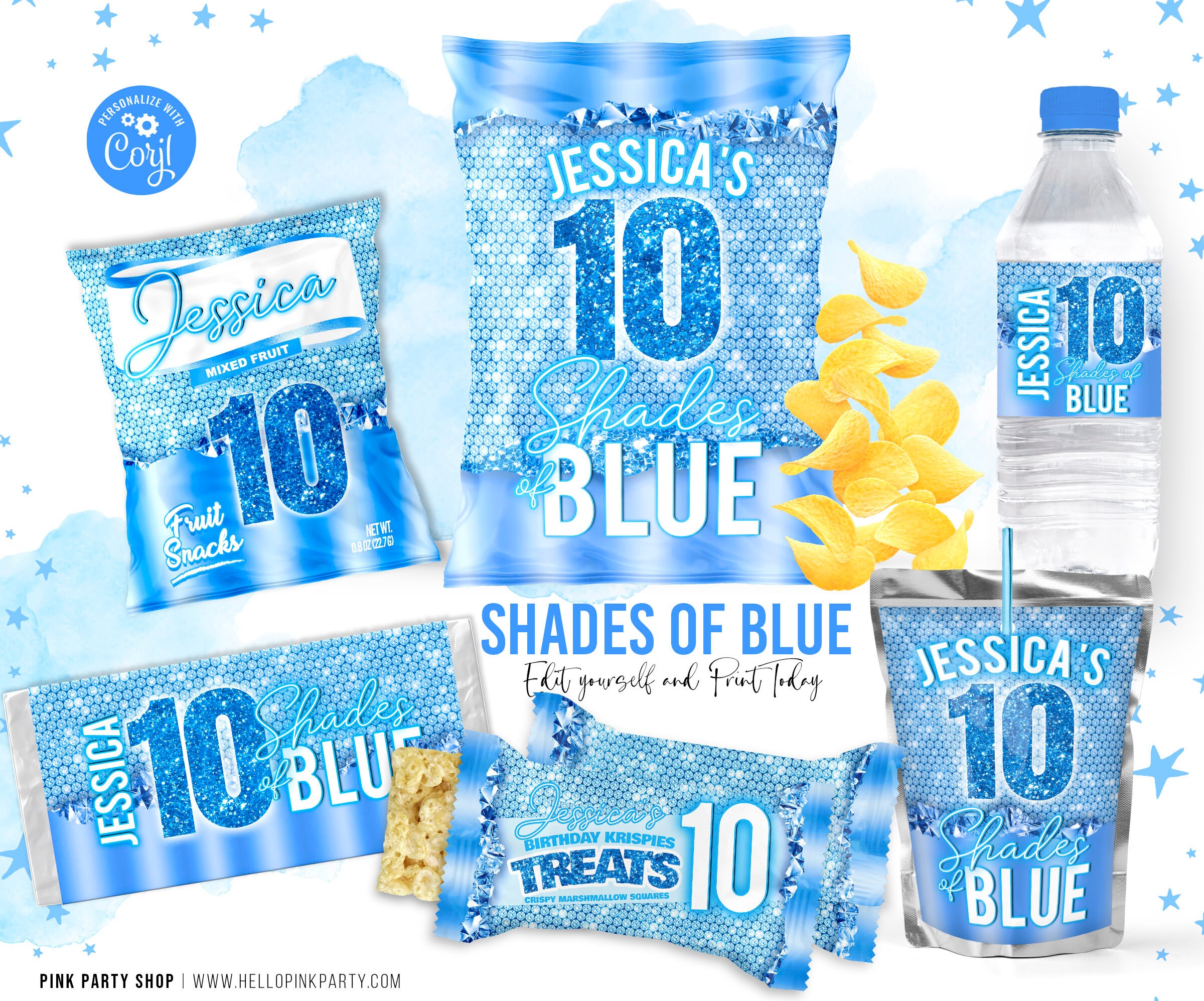 Shades of Blue Water Bottle Labels: Editable Printable Template ...
