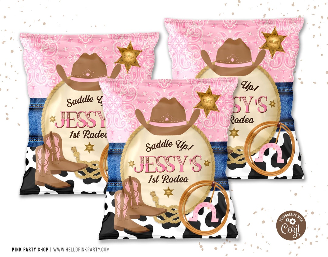 Cowgirl Birthday Snack Bag Template Printable, 1st Rodeo Snack Bag ...