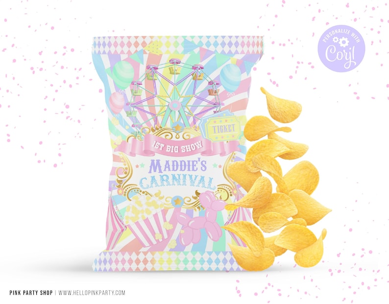 Carnival Birthday Chip Bag Template: Pastel Circus, Editable Template ...