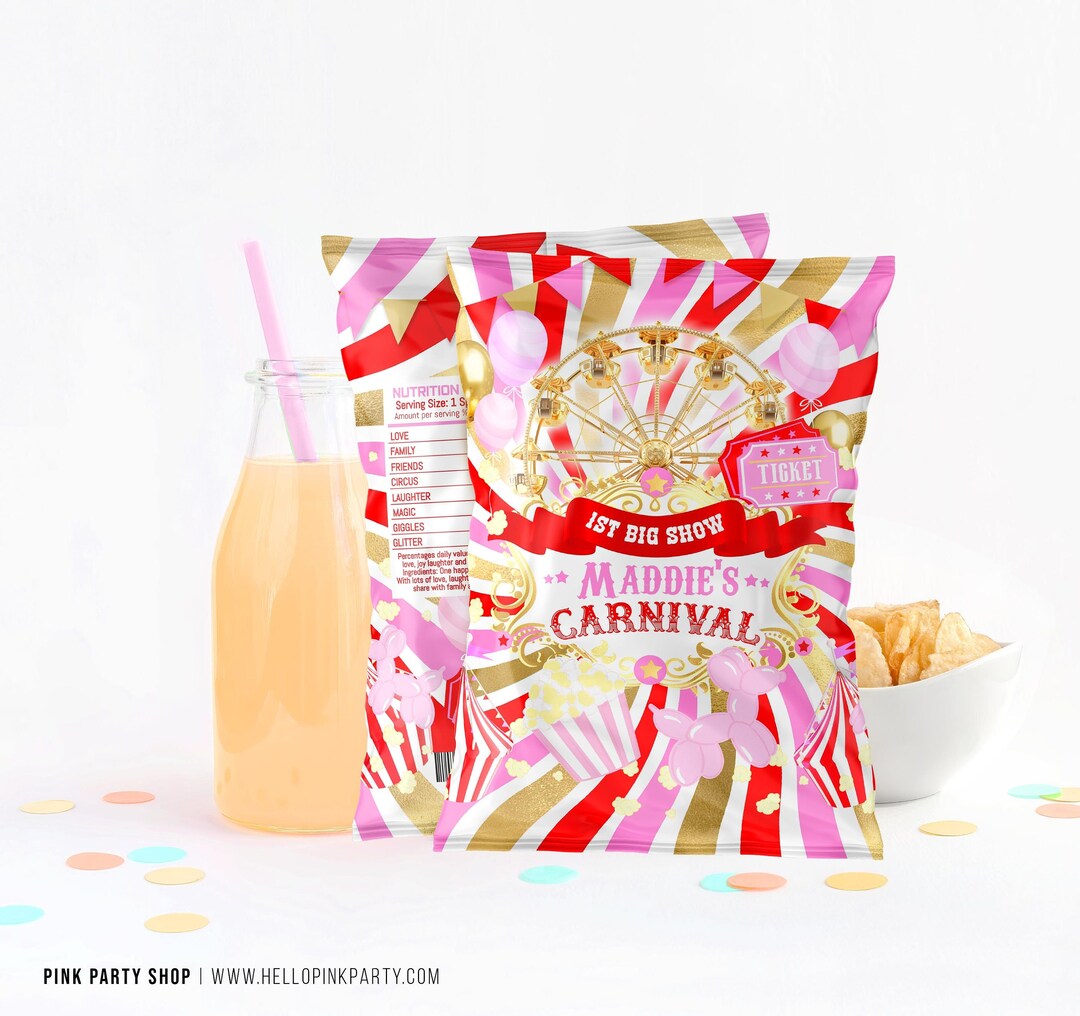 Carnival Birthday Chip Bag Template: Circus Red, Pink, Gold (editable ...