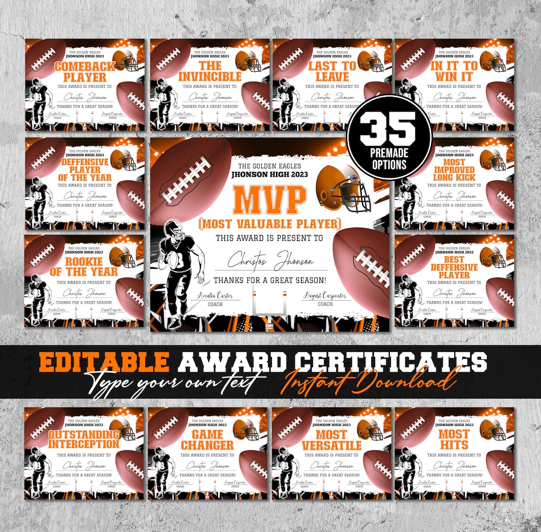 Editable Football Award Certificate: End of Season Team Awards (digital ...