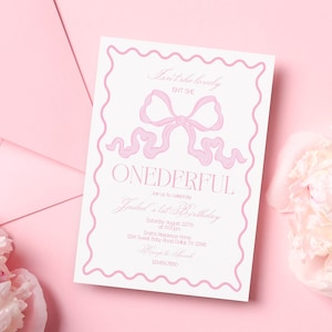 Pink Bow First Birthday Invitation Girl Birthday Onederful Invite ...
