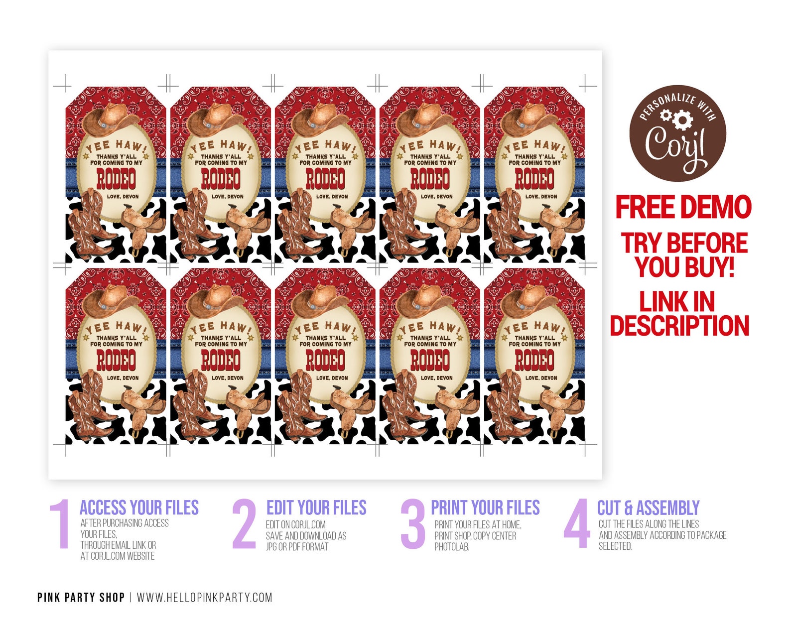 Cowboy Birthday Thank You Tag Template Printable Western - Etsy