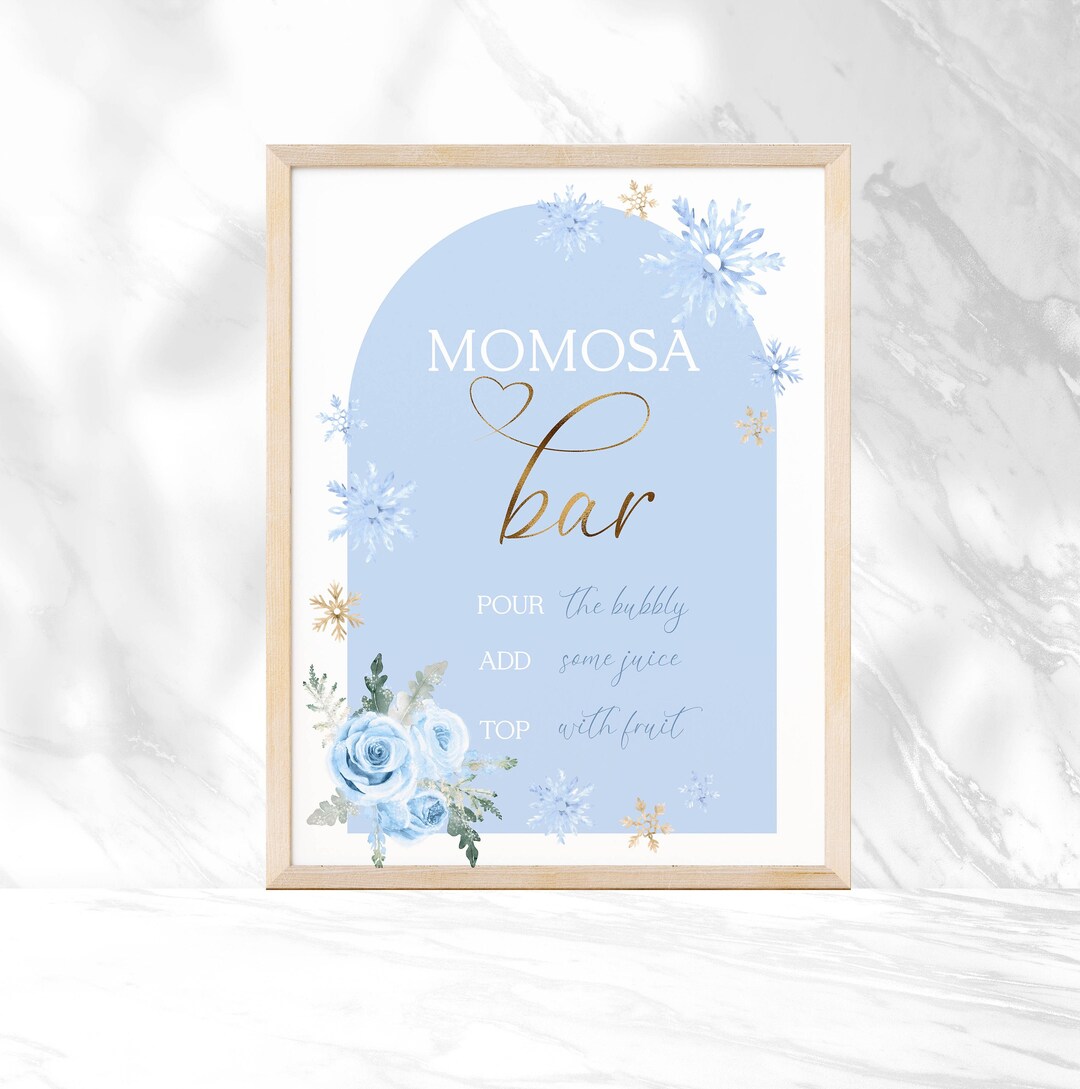 Momosa Bar Sign Blue Floral Little Snowflake Baby Shower Boy Winter ...
