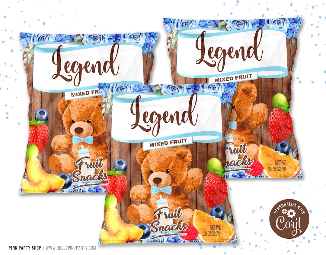 Teddy Bear Baby Shower Fruit Snacks Bag Template Printable, Teddy Bear ...
