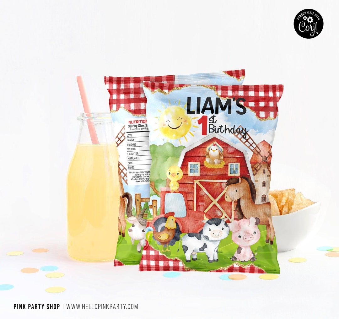 Farm Animals Birthday Party Chip Bag, Template Printable, 1st Birthday Barn Farm Chip Bag ...