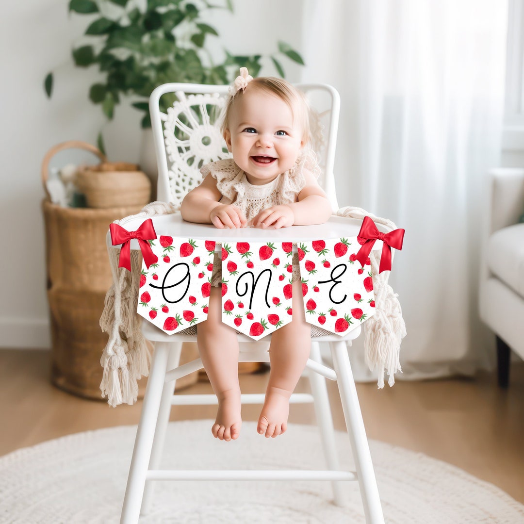 Strawberry First Birthday High Chair Banner Printable, Party First ...