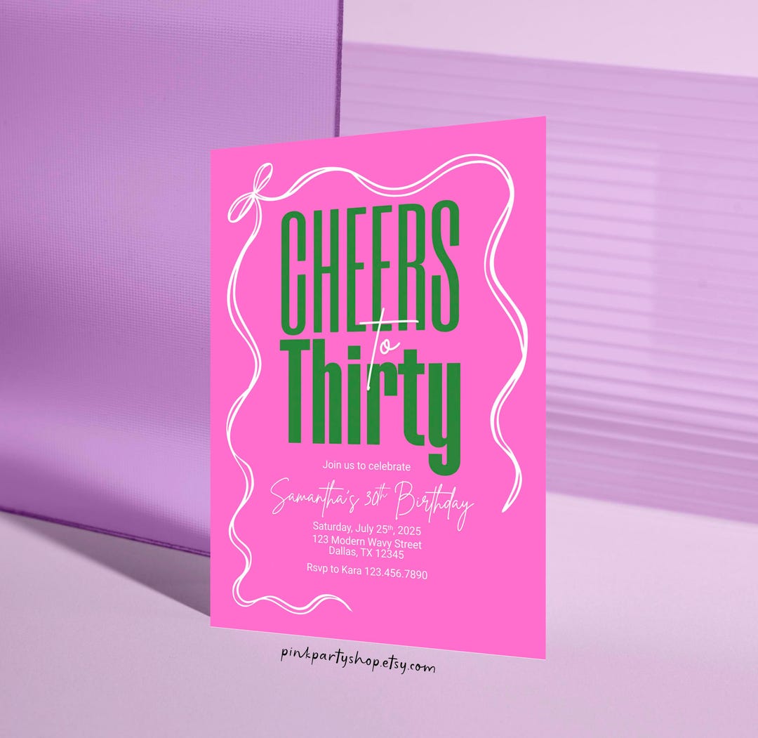 Wavy Border Pink Green Birthday Party Invitation Template Bow Squiggly ...