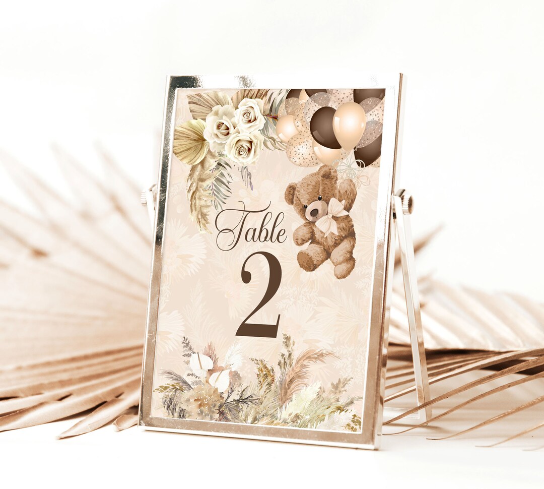 Editable Boy Teddy Bear Hot Air Balloon 5x7" Table Number Gender ...