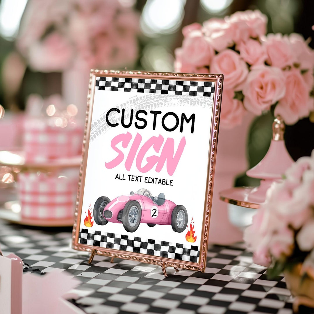 Editable Custom Sign Race Car Birthday Racing Vintage Car Pink Girl ...