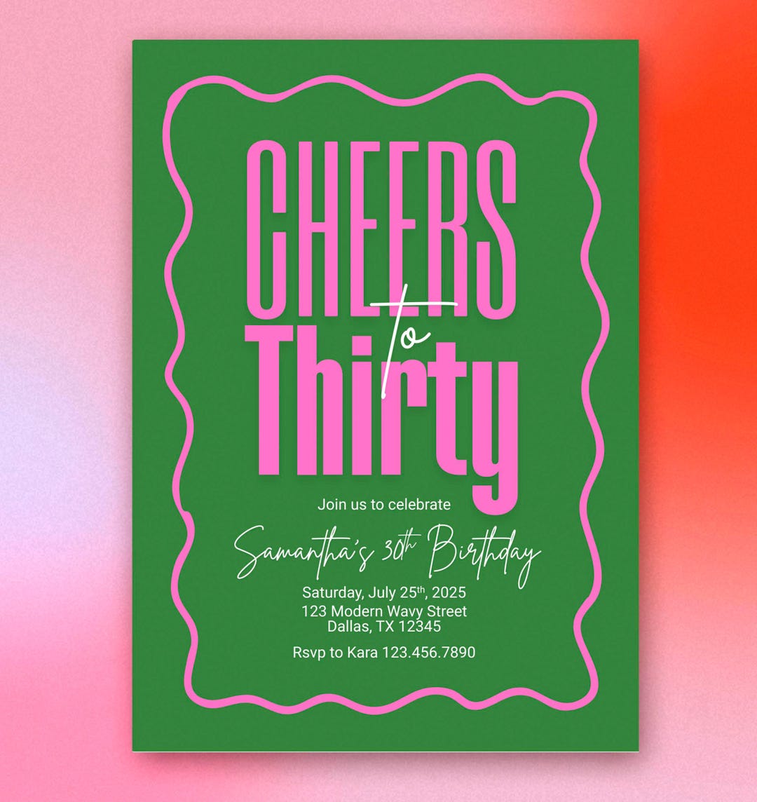 Wavy Border Green Pink Birthday Party Invitation Template Squiggly ...