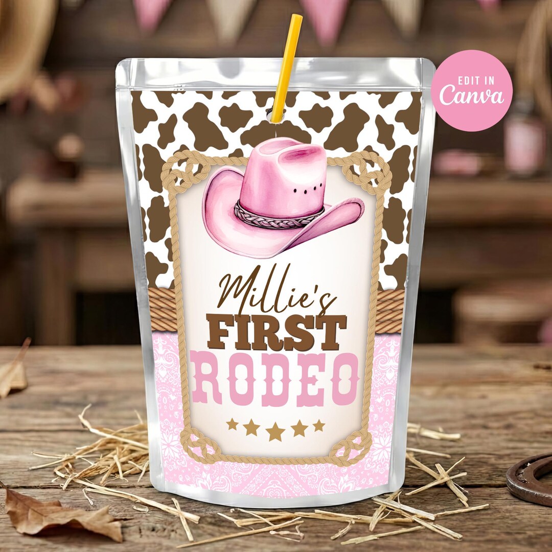 Cowgirl 1st Rodeo Juice Pouch Label: Pink Western Birthday (editable ...