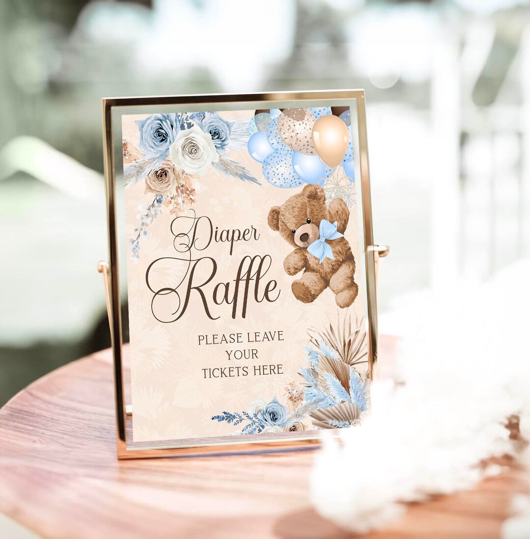 Bear Diaper Raffle Sign We Can Bearly Wait Baby Shower Balloon Blue ...