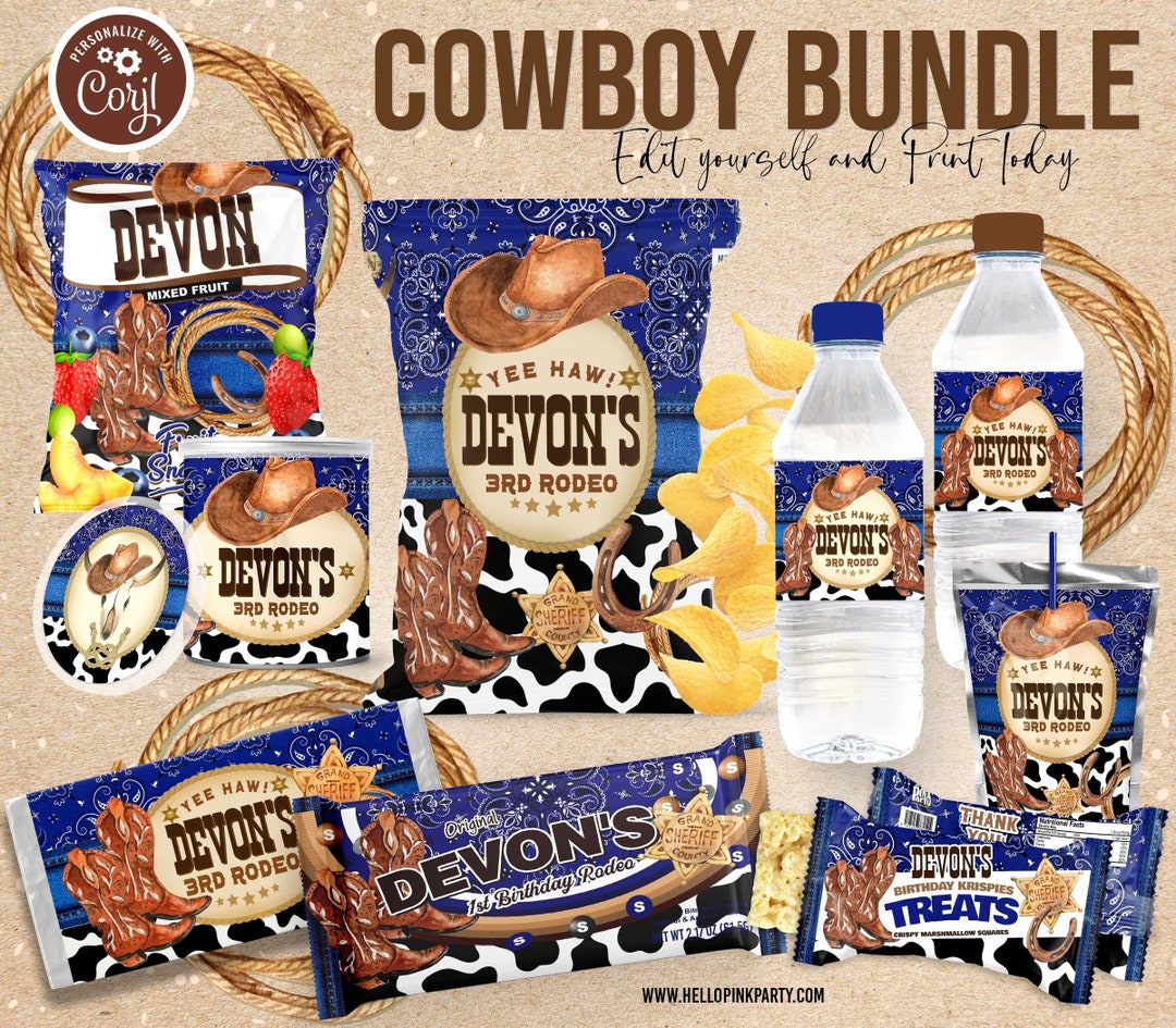 Cowboy Birthday Party Bundle: Editable Rodeo Western Labels (digital ...