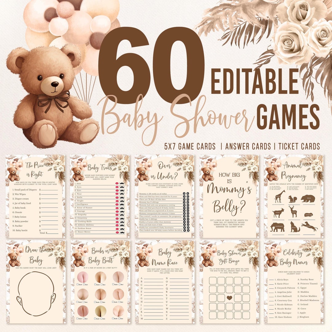 Editable Brown Bear Balloon Baby Shower Game Bundle We Can Bearly Wait Baby Shower Game Pack ...