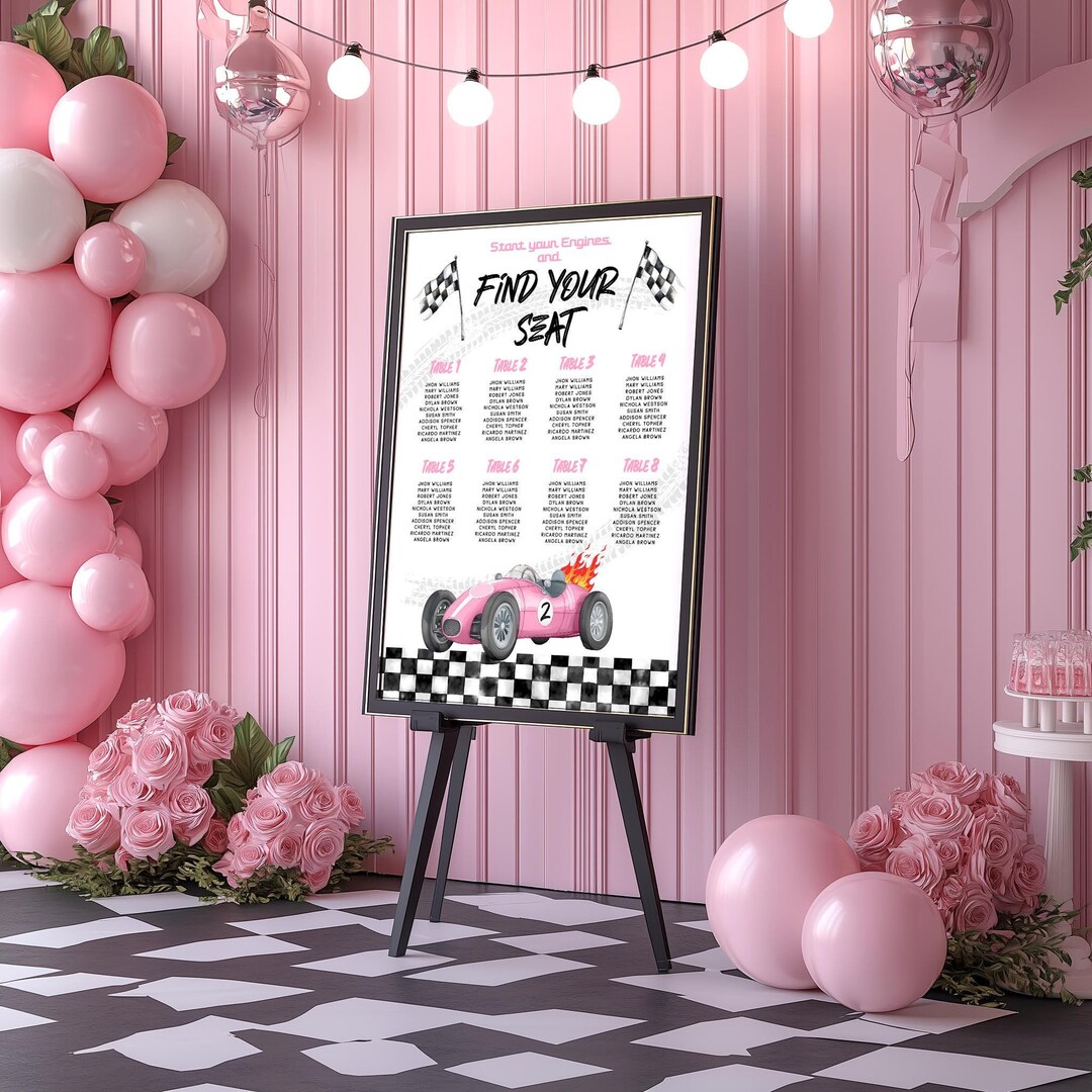 Two Fast Birthday Seating Chart: Pink Race Car, Editable Template RCP6 ...